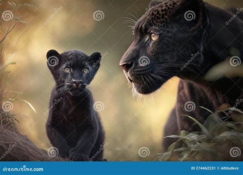 Panther Cub Learning How To Hunt From Mother Stock Illustration