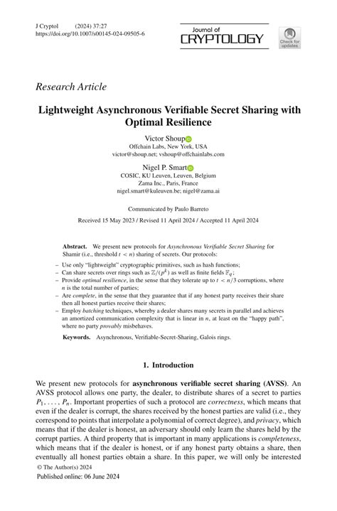 Pdf Lightweight Asynchronous Verifiable Secret Sharing With Optimal