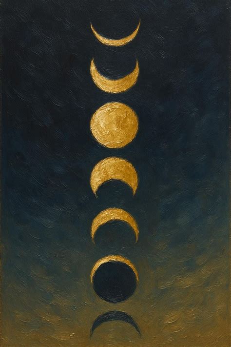 Golden Lunar Phases Moon Cycle Wall Art In Deep Blue And Gold Tones By