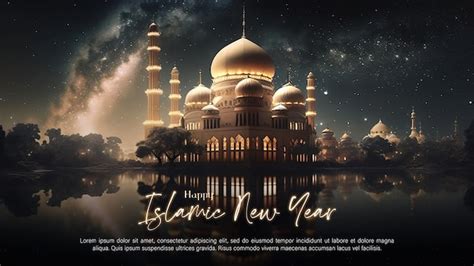 별이 빛나는 하늘과 모스크를 배경으로 한 이슬람 새해 포스터 프리미엄 Psd 파일