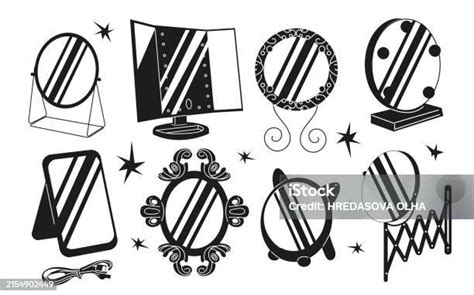 다양 한 거울로 설정 합니다 원형 및 직사각형 반사 표면 모던하거나 클래식하고 장식적인 빈티지 프레임 전구가 있는 프레임워크입니다 벡터 인테리어 가구 세트 백색 배경 가구에