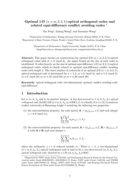 Pdf Optimal 2 D Ntimes M321 Optical Orthogonal Codes And