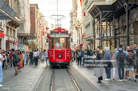 Nostalgic Red Tram In Taksim Istiklal Street At Evening Taksim Istiklal
