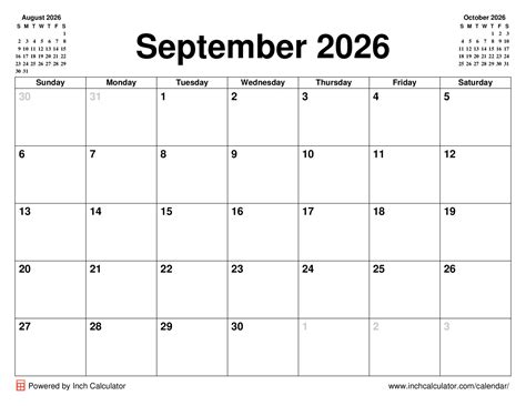 September 2026 Calendar Inch Calculator