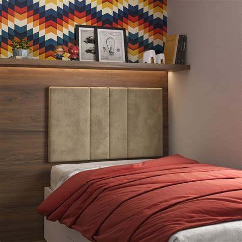 Cabeceira Almofadada Catar Cama Solteiro Suede 90cm Bege Madeiramadeira