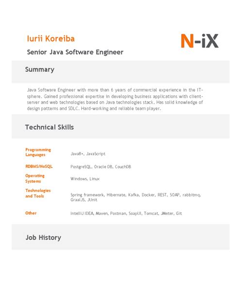 iurii koreiba senior java software engineer profile pdf java