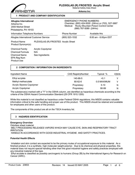 Plexiglas R Frosted Acrylic Sheet Material Safety