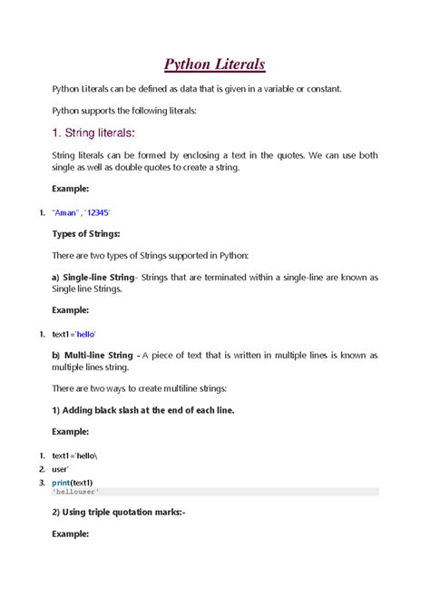 Python Literals Overview Lecture Notes Studocu
