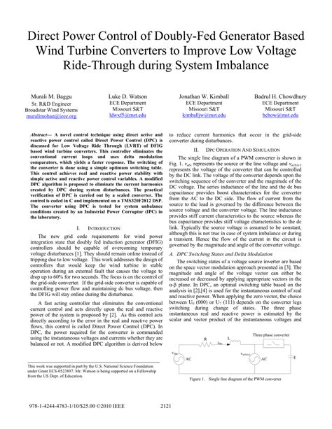 Pdf Direct Power Control Of Doubly Fed Generator Based Wind Turbine Converters To Improve Low