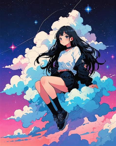 Dreamy Anime Character Sitting On Fluffy Cloud In The Sky Premium Ai