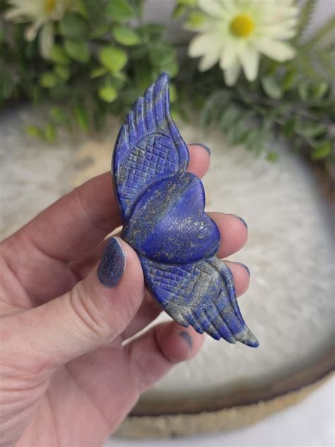 Lapis Lazuli Heart Wings Carving Pyrite Inclusions Uv Reactive Etsy