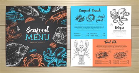 손으로 그리는 물고기와 함께 해산물 레스토랑 메뉴 디자인을 그리는 초크 벡터 일러스트 레이 션 랍스터 해산물에 대한 스톡 벡터