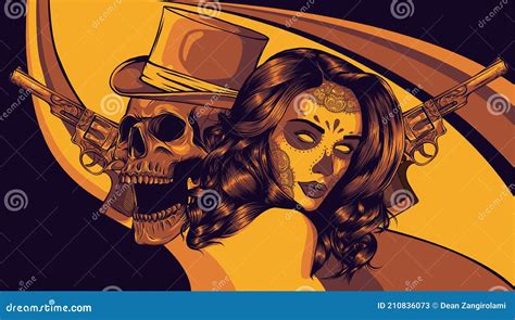 Beautiful Gangstar Girl And Skull Vector Illustration Stock Vector