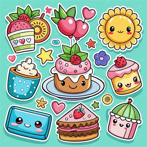 Cute Kawaii Stickers With Sweet Treats Smiling Sun And Hearts Premium