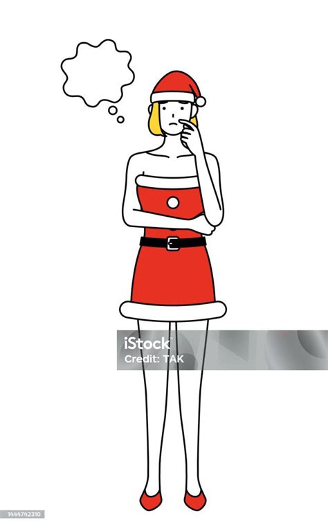 산타클로스 옷을 입은 여자가 얼굴을 긁으면서 생각하는 간단한 선 그리기 그림 12월에 대한 스톡 벡터 아트 및 기타 이미지