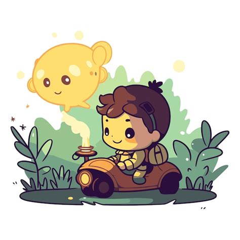 공원에서 차를 운전하는 귀여운 소년 프리미엄 벡터