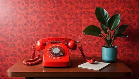 Vintage Red Rotary Phone On Table With Plant And Book Against Red
