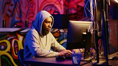 portrait of african american hacker in abandoned warehouse using
