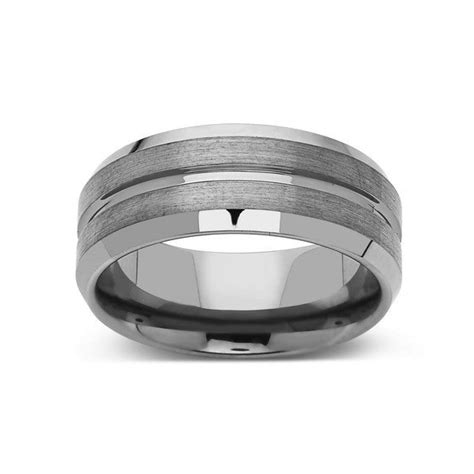 Gray Brushed Tungsten Ring Gunmetal 8mm High Polish Beveled Edge
