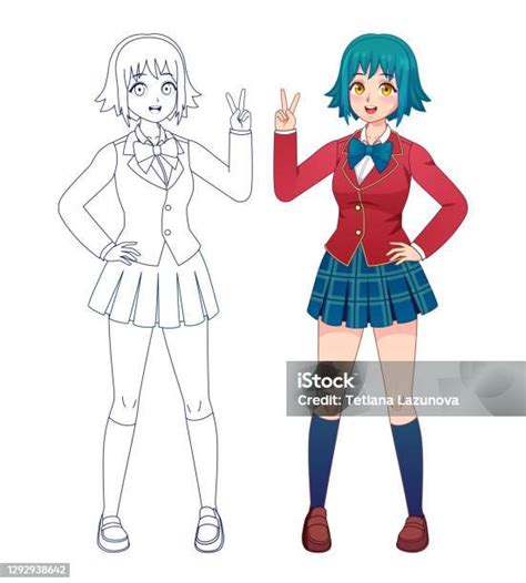 애니메이션 만화 소녀 색칠 공부 페이지 유니폼에 일본 만화 귀여운 여학생 아이들을위한 만화 캐릭터 전신 벡터 개요 감정에 대한 스톡 벡터 아트 및 기타 이미지 Istock