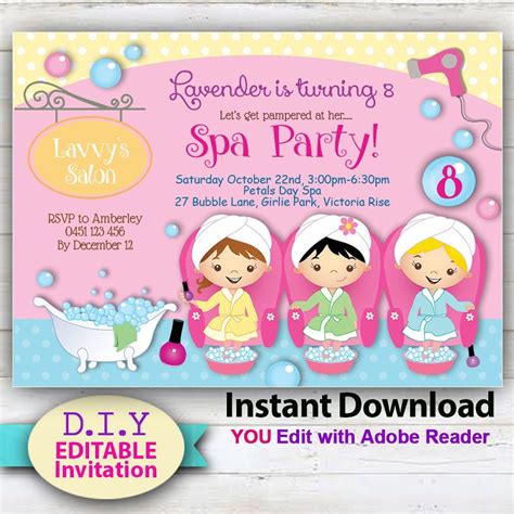 Editable Day Spa Invitation Printable Spa Pedi Invite Birthday