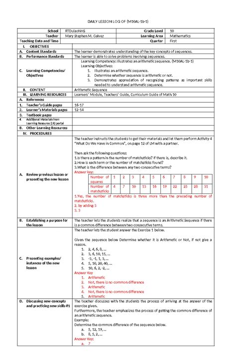M10al Lesson Plan Sequences And Patterns For Week 1 Studocu