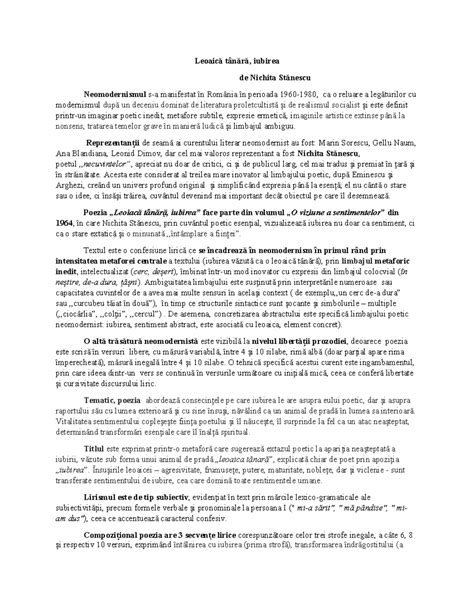 Analiza Poeziei „leoaică Tânără Iubirea” De Nichita Stănescu Lit 101