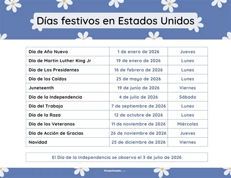 Días Festivos En Estados Unidos 2026 Pdf