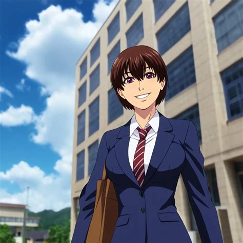 Anime Image Of A Woman In A Suit And Tie Walking In Front Of A Building