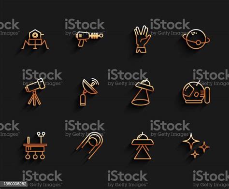 세트 라인 화성 로버 위성 Ufo 비행 우주선 떨어지는 별 레이더 우주 비행사 헬멧과 아이콘 벡터 우주 비행사에 대한 스톡 벡터 아트 및 기타 이미지 Istock