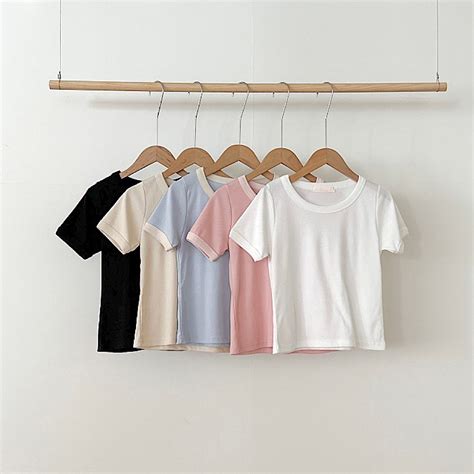 유러브썸 숏 크롭 여름 반팔 슬림 배색 이너 라운드 캐주얼 면 코튼 흰색 핑크 소라 예쁜 티셔츠