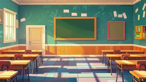 Premium Photo Cartoon School Classroom With Desks And Chalkboard