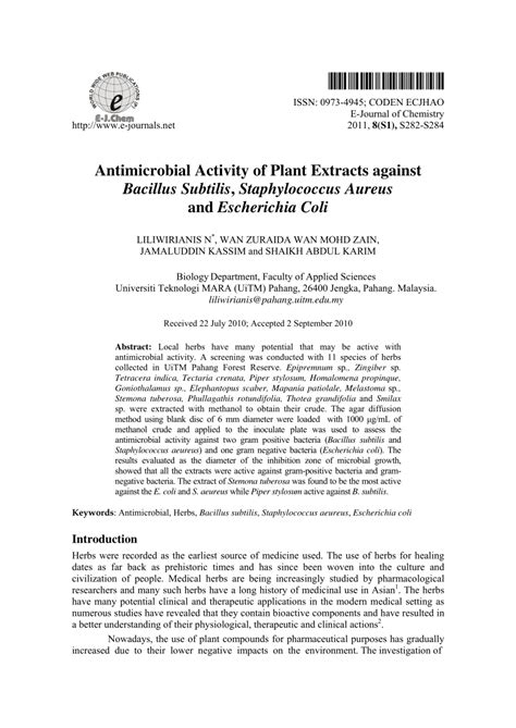 Pdf Antimicrobial Activity Of Plant Extracts Against Bacillus Subtilis Staphylococcus Aureus