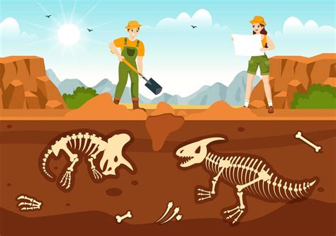 Fósil Ilustración Con Arqueólogos Encuentra Dinosaurios Esqueletos En