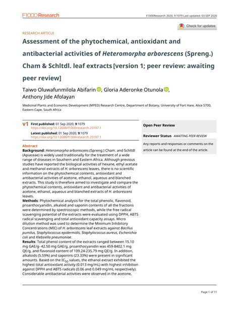 Pdf Assessment Of The Phytochemical Antioxidant And Antibacterial Activities Of Heteromorpha