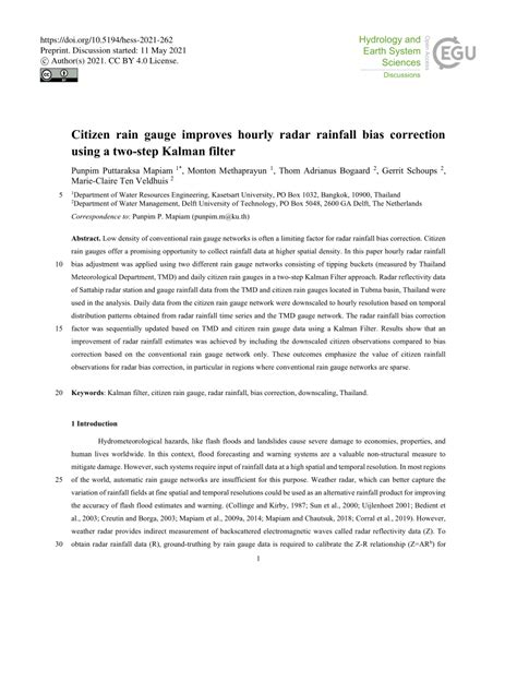 Pdf Citizen Rain Gauge Improves Hourly Radar Rainfall Bias Correction Using A Two Step Kalman