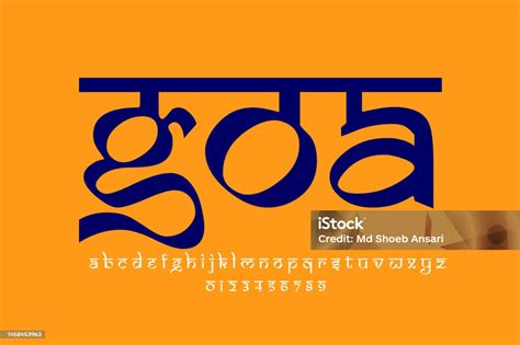 인도 국가 고아 텍스트 디자인 인도 스타일의 라틴 글꼴 디자인 Devanagari에서 영감을 받은 알파벳 문자 및 숫자 삽화 개체 그룹에 대한 스톡 벡터 아트 및 기타