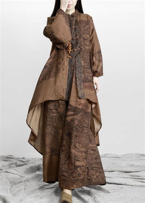 Vintage Coffee Print Patchwork Tops And Pants Silk Two Pieces Set Long Patchwork Top Batik