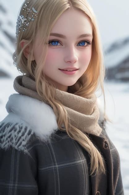 A Girl With Blue Eyes And A Grey Coat With A Fur Collar And A Scarf