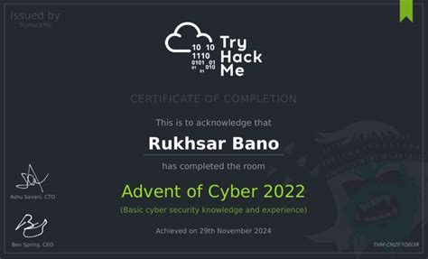 Cybersecurity Tryhackme Learningjourney Adventofcyber Achievements