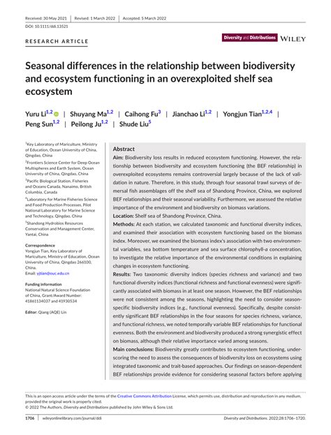 Pdf Seasonal Differences In The Relationship Between Biodiversity And