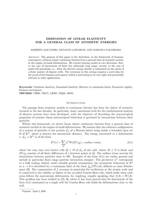 Pdf Derivation Of Linear Elasticity For A General Class Of Atomistic