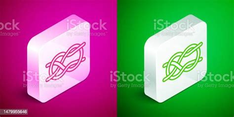 분홍색과 녹색 배경에 격리 된 등색 라인 해상 로프 매듭 아이콘 로프는 매듭에 묶여 있다 실버 스퀘어 버튼 벡터 3차원 형태에 대한 스톡 벡터 아트 및 기타 이미지 Istock
