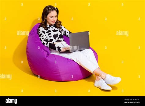 full body photo of programmer lady sit bean bag chair communicate on
