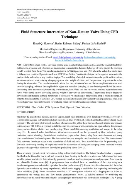 pdf fluid structure interaction of non return valve using cfd technique