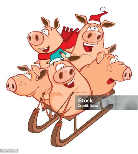 벡터 일러스트 레이 션 썰매 만화 캐릭터에 재미 있는 새끼 돼지의 겨울에 대한 스톡 벡터 아트 및 기타 이미지 겨울 공휴일 귀여운 Istock