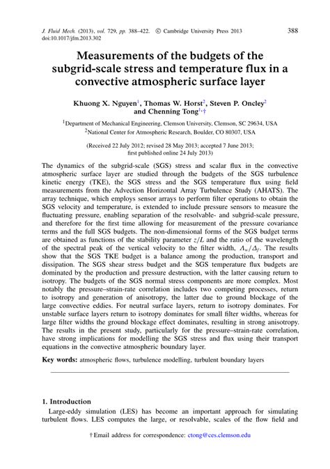 Pdf Measurements Of The Budgets Of The Subgrid Scale Stress And Temperature Flux In A