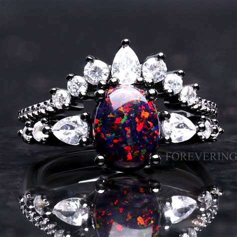 Vintage Black Fire Opal Ring Set Black Rhodium Sterling Silver