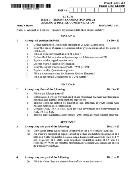 Btech Ee 5 Sem Analog And Digital Communication Kee058 2022 Pdf