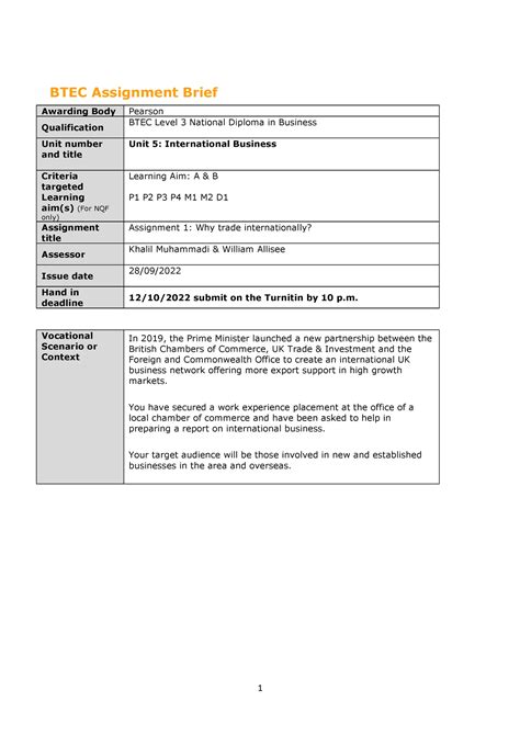 Unit 5 International Business Assignment 1 Btec Assignment Brief